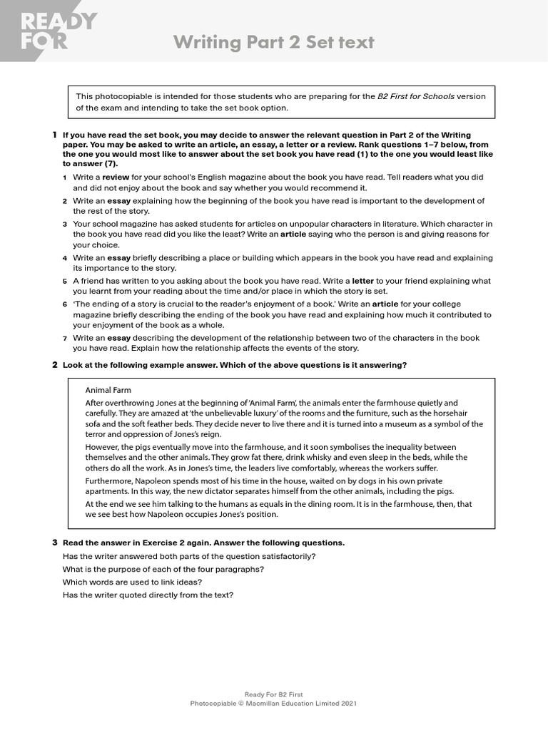 RfB2F_B2 First for Schools_Writing lesson_Set text | PDF | Books | Essays