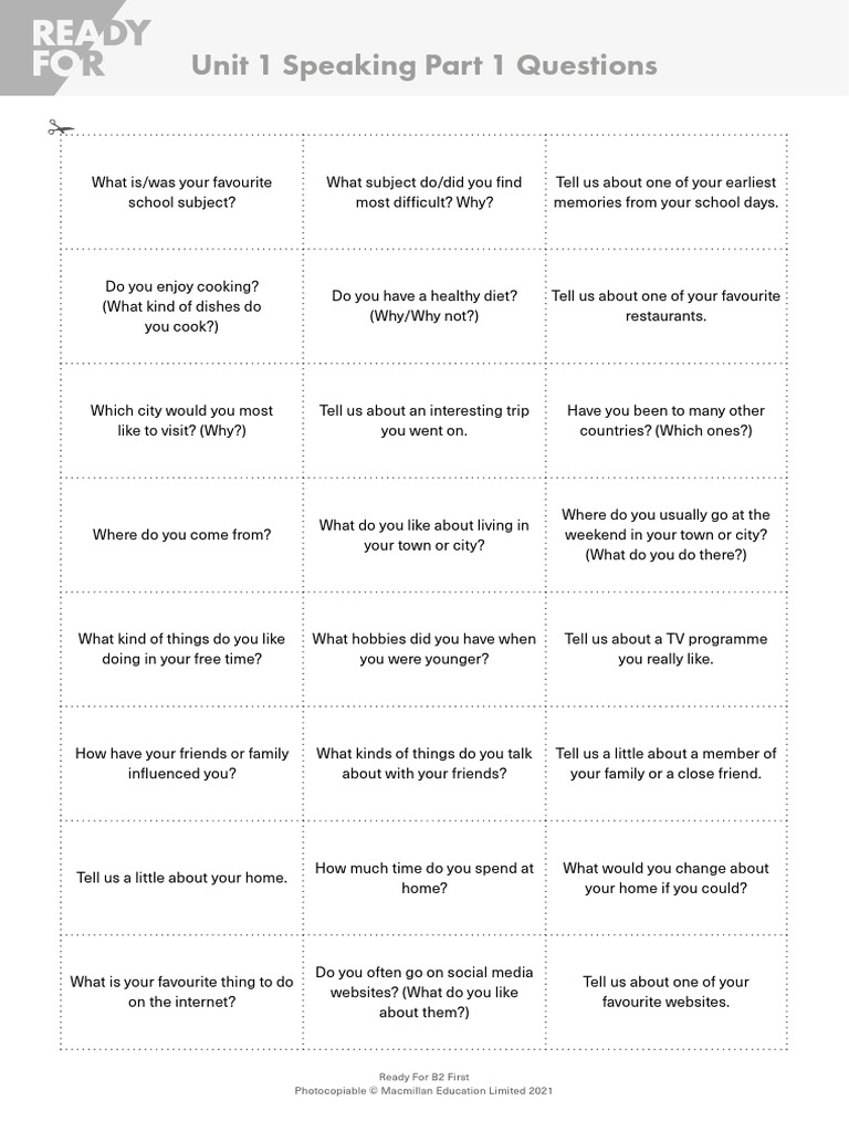 RfB2F - CA - U1 - Speaking Part 1 Question Cards | PDF | Cognition