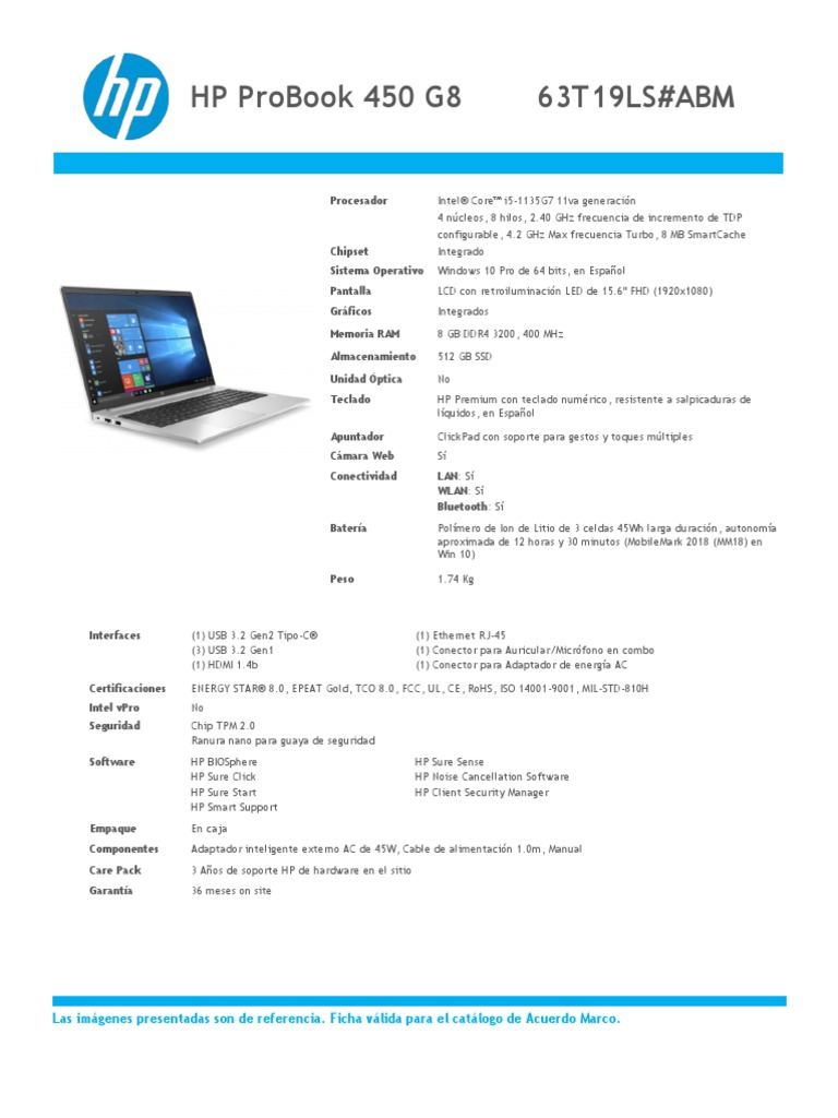 HP Probook 450 G8 63T19Ls#Abm | PDF | USB | Tecnología de información y ...