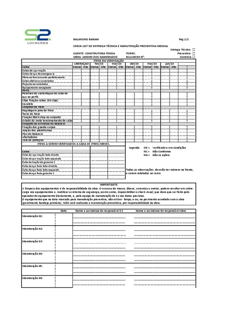 Boletim Entrega Técnica e Check List Mensal Balancins S2 | PDF