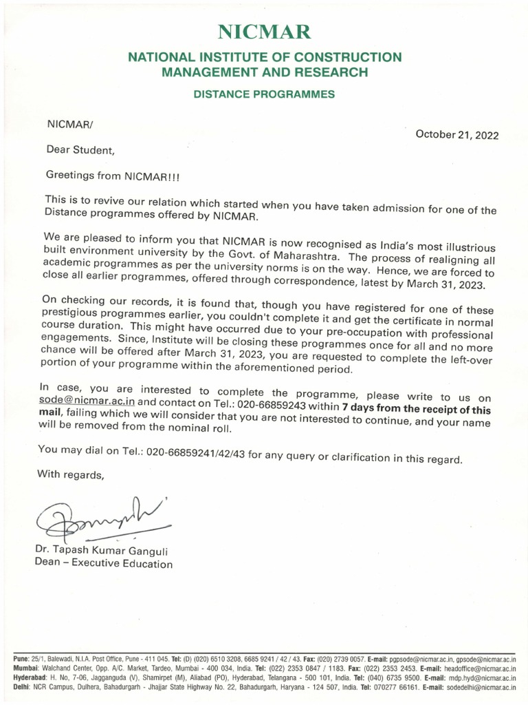 NICMAR Final Intimation Letter PDF | PDF | Technology & Engineering