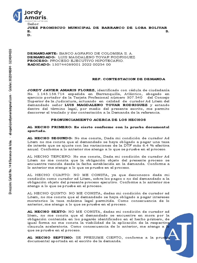 Contestación de Demanda Hipotecaria | PDF