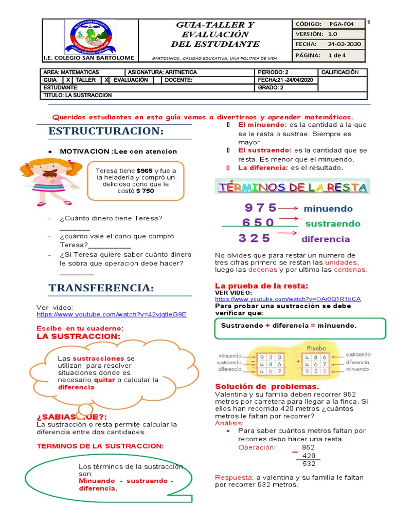 Guia De La Sustraccion Pdf Sustracción Matemáticas