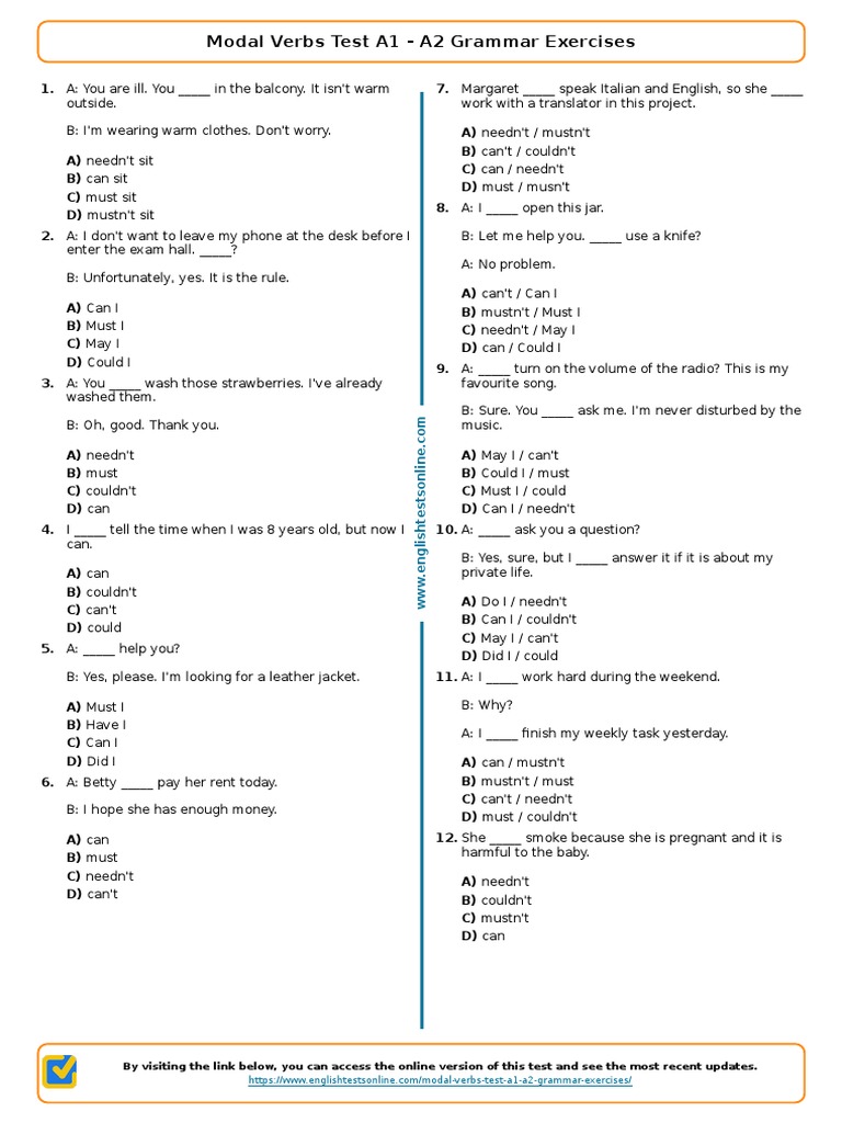 461 - Modal Verbs Test A1 A2 Grammar Exercises | PDF