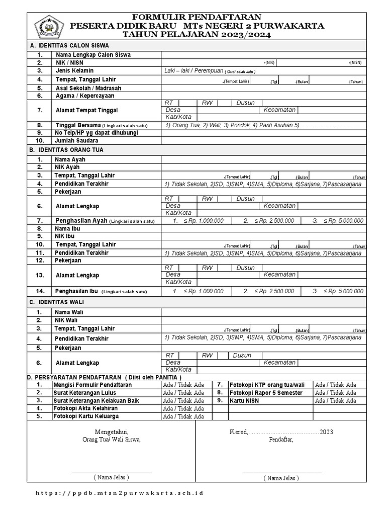 Formulir PPDB 2023 MTs Negeri 2 | PDF