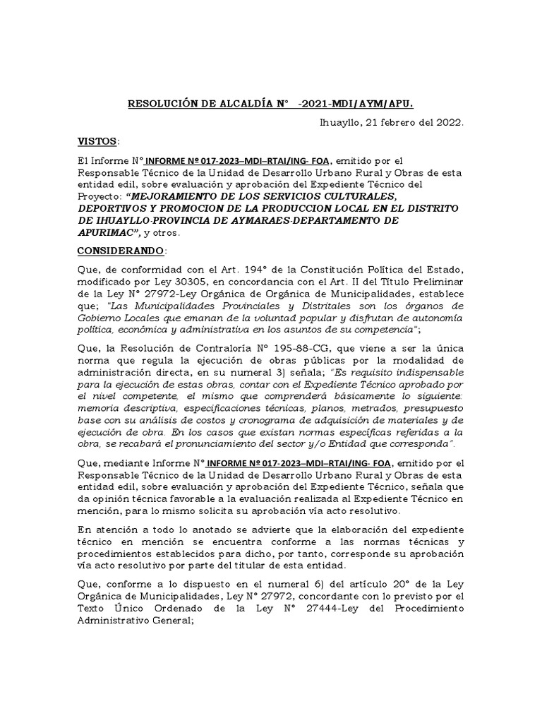 RESOLUCIÓN EXP TEC- PROYECTO CULTURAL | PDF | Presupuesto | Gobierno