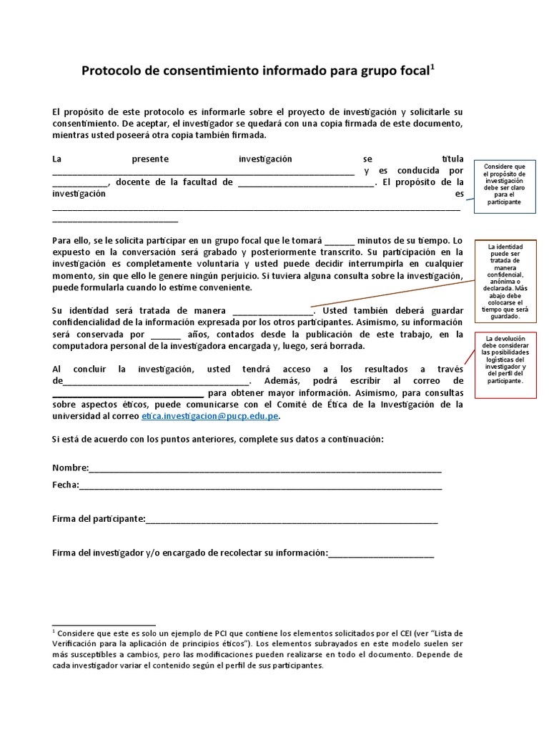 Modelo de Protocolo de Consentimiento Informado Grupo Focal | PDF ...