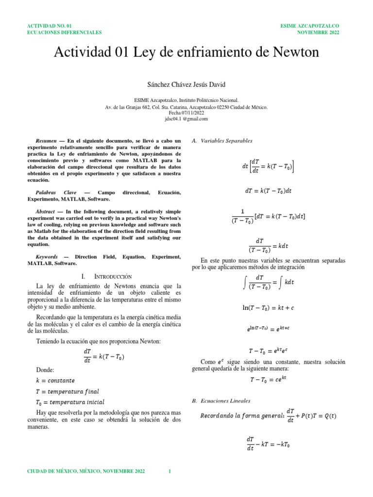 Verificación Ley de Enfriamiento Newton | PDF | Temperatura | Ecuaciones diferenciales