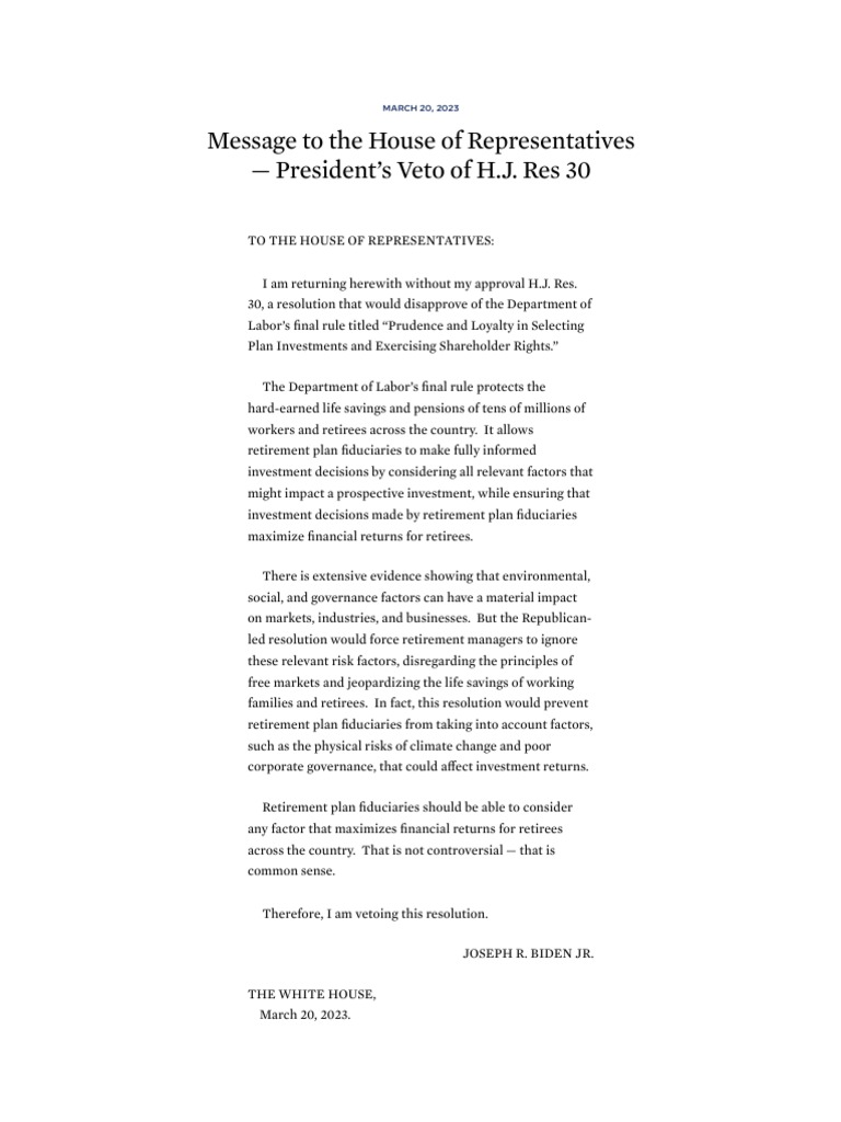 Message to the House of Representatives -- President's Veto of H.J. Res ...