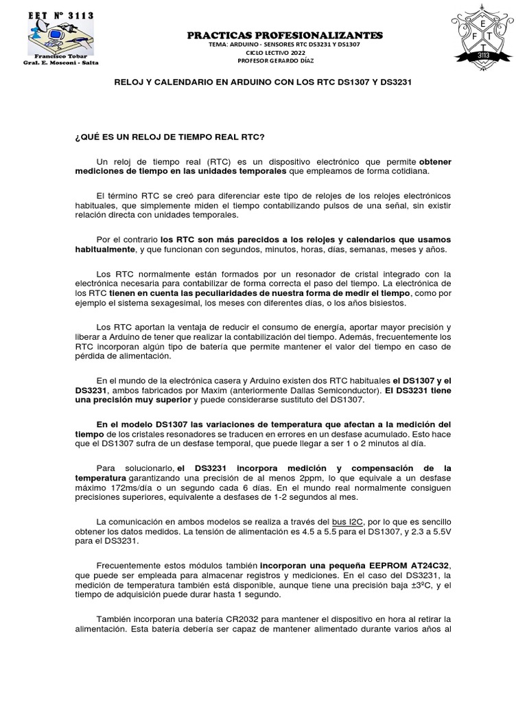 Uso de Reloj y Calendario en Arduino Con Los RTC DS1307 y DS3231 | PDF ...