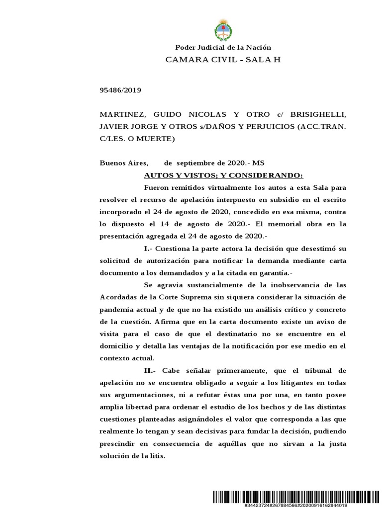 Notificacion Demanda Por Carta Documento Sala H Martinez | PDF ...