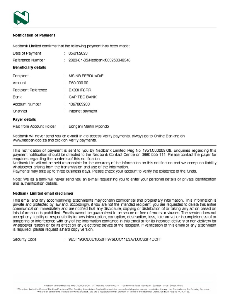 Payment Confirmation for R50,000 Transfer from Bongani Martin Mpondo to ...