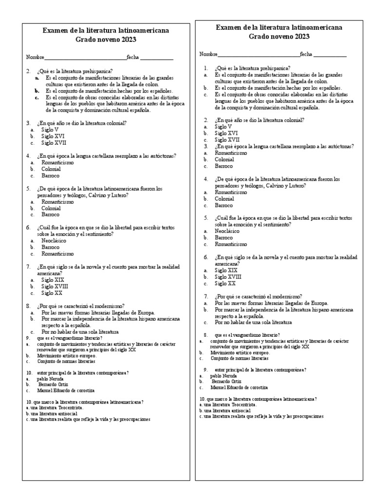Examen de Literatura Noveno | PDF | Autor | España