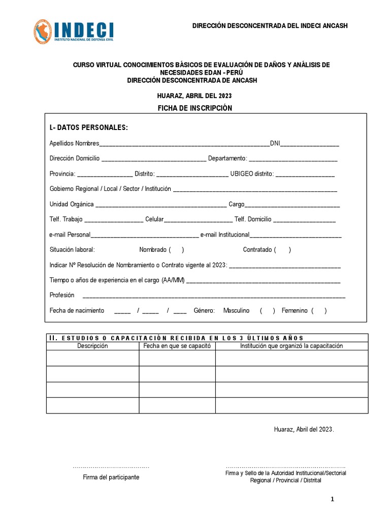 Ficha de Inscripcion Curso Edan 2023-1 | PDF | Privacidad de la información | Defensa Civil