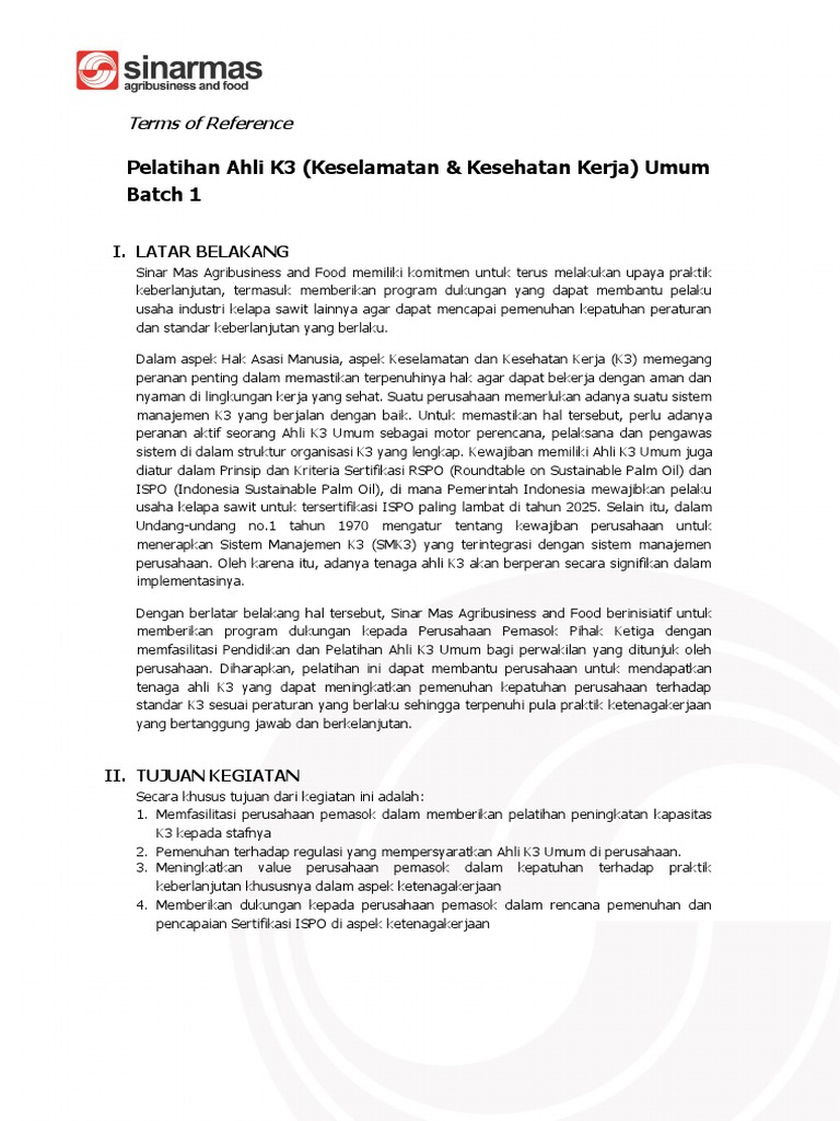ToR Pelatihan Ahli K3 Umum - Peserta Batch 1 | PDF | Bisnis