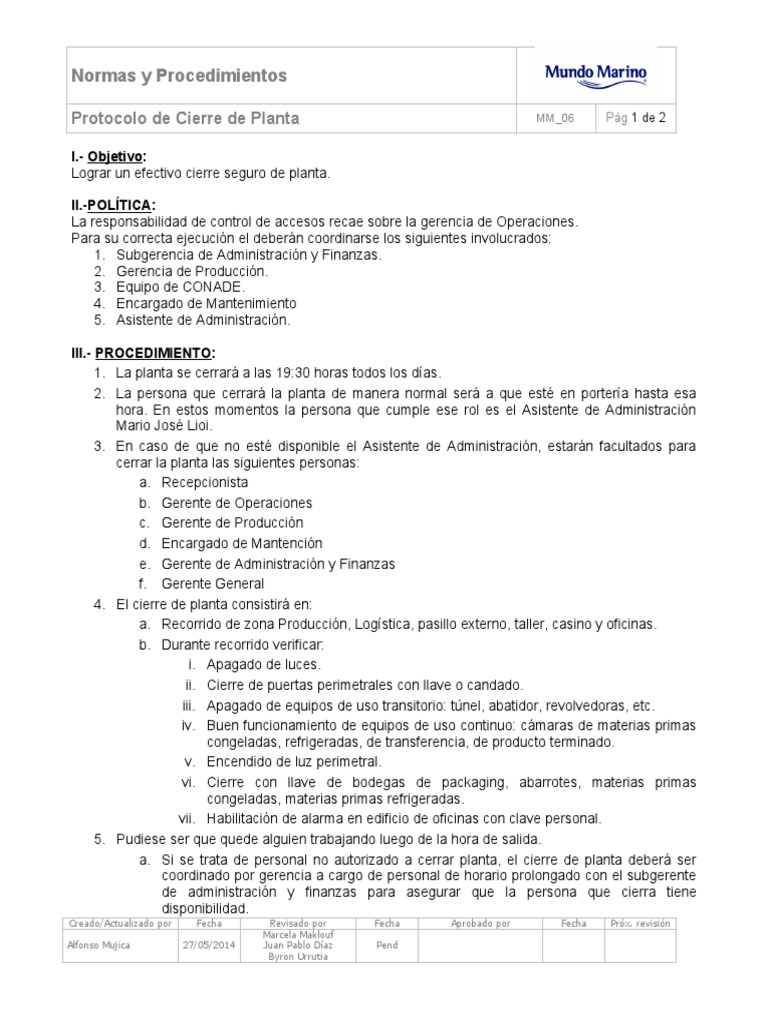 MM - 06 Protocolo de Cierre de Planta | PDF