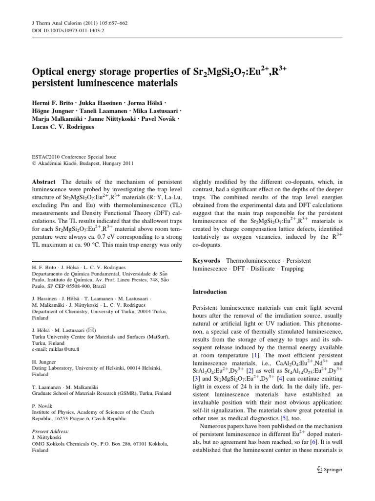 Optical Energy Storage Properties of SR 2 MgSi2 O7 :eu2+, R3+ Persistent Luminescence Materials ...