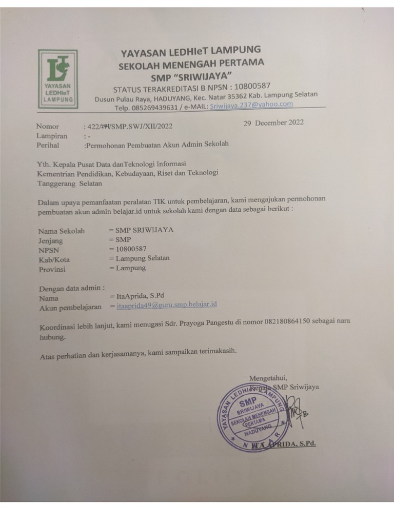 Contoh Surat Permohonan Akun | PDF