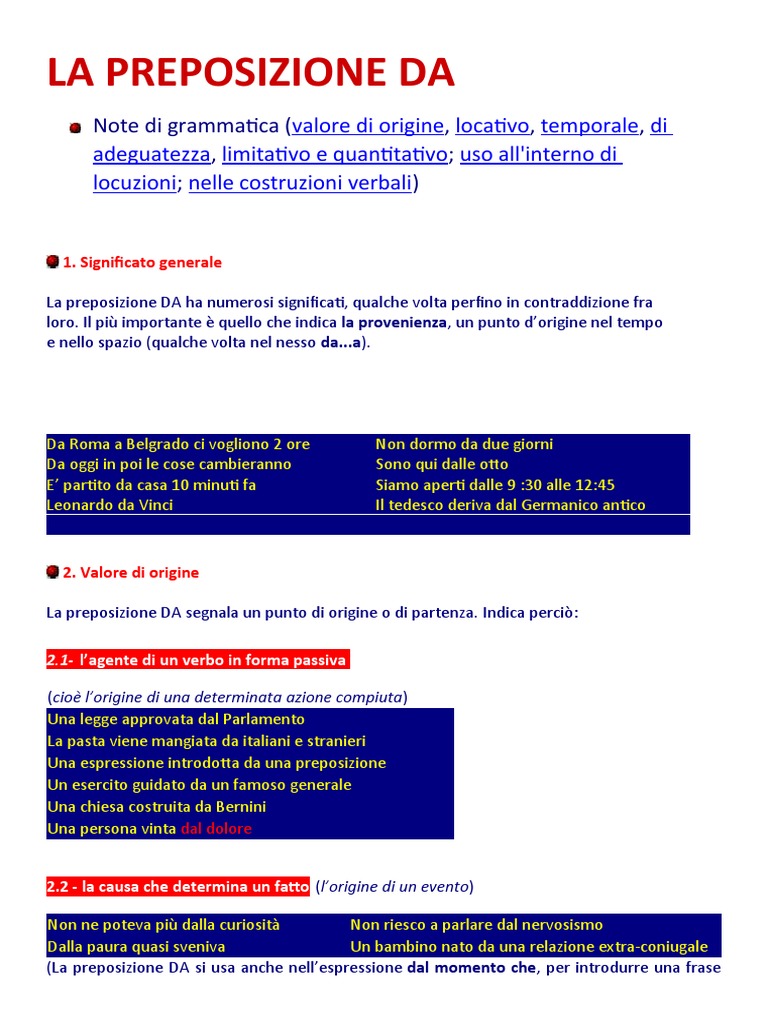 La Preposizione Da | PDF