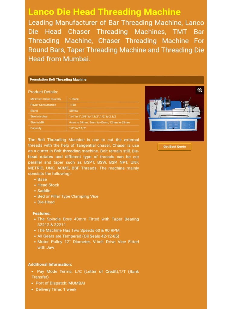 Lanco Die Head Chaser Threading Machines | PDF