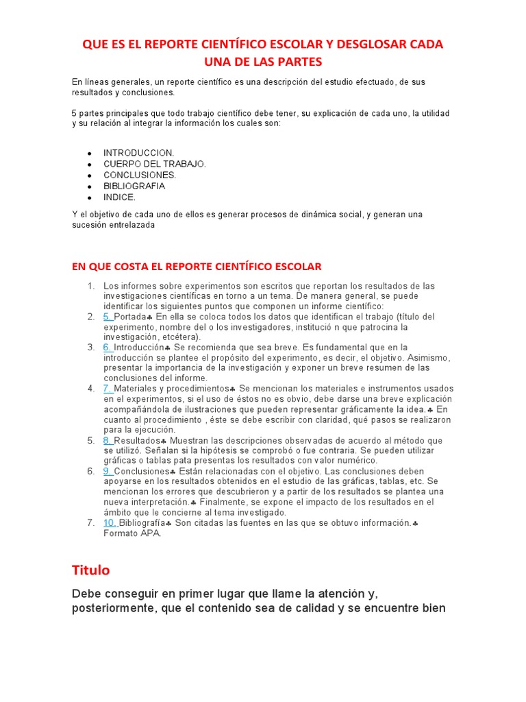 Que Es El Reporte Científico Escolar y Desglosar Cada Una de Las Partes ...