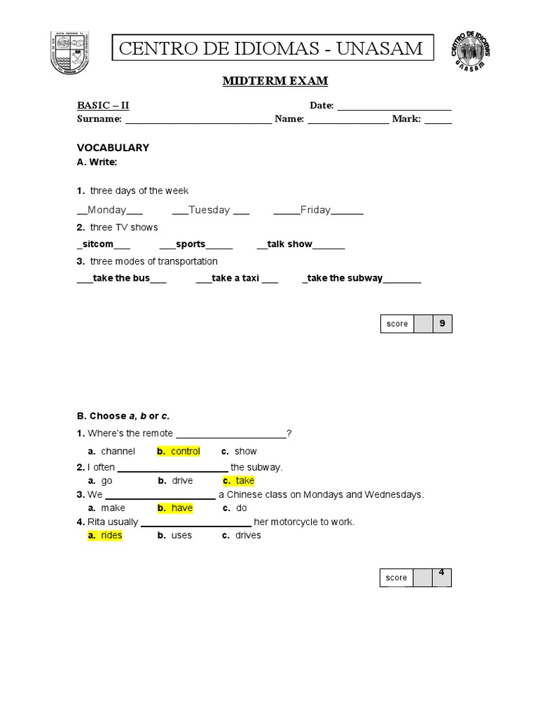 Basic English Midterm Exam | PDF