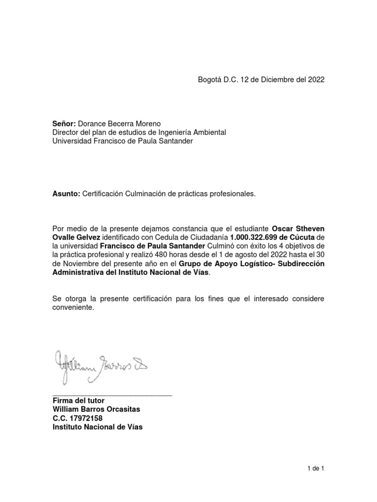 Modelo Certificación Horas Práctica - Firmada | PDF