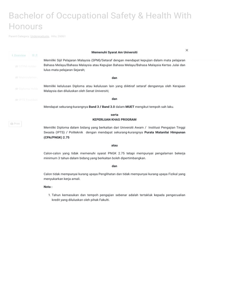 UMP Admission - Bachelor of Occupational Safety & Health With Honours | PDF