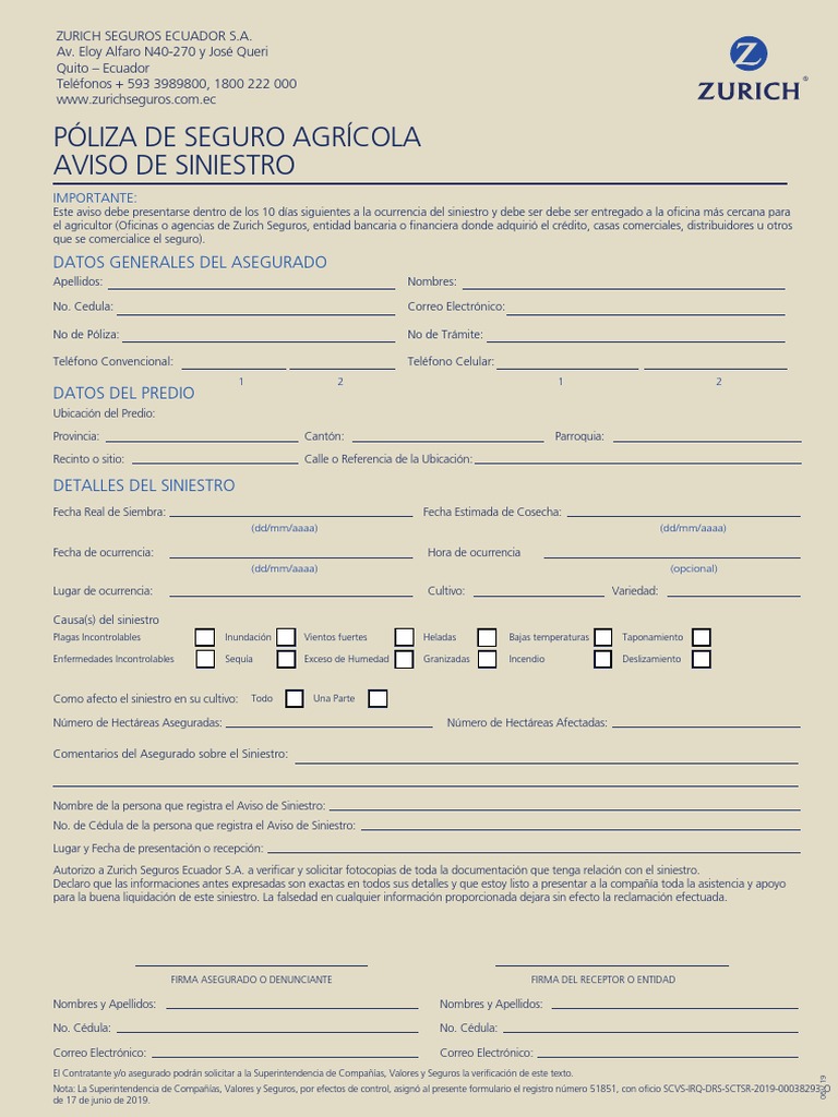 Formato Aviso de Siniestro Seguro Agricola PDF | PDF | Seguro | Ecuador