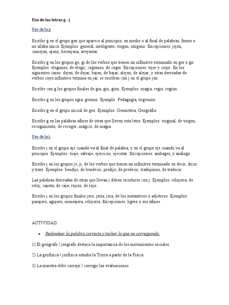 Uso de Las Letras G y J Uso de La B | PDF | Lingüística | Tipología ...