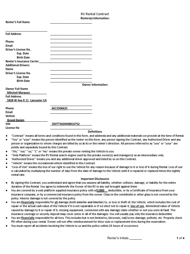 RV Rental Agreement Details | PDF | Insurance | Fee