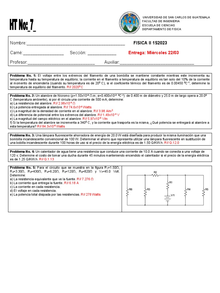 HT No. 7 FII 1S2023 Corriente y Resistencia | PDF | Resistor | voltaje