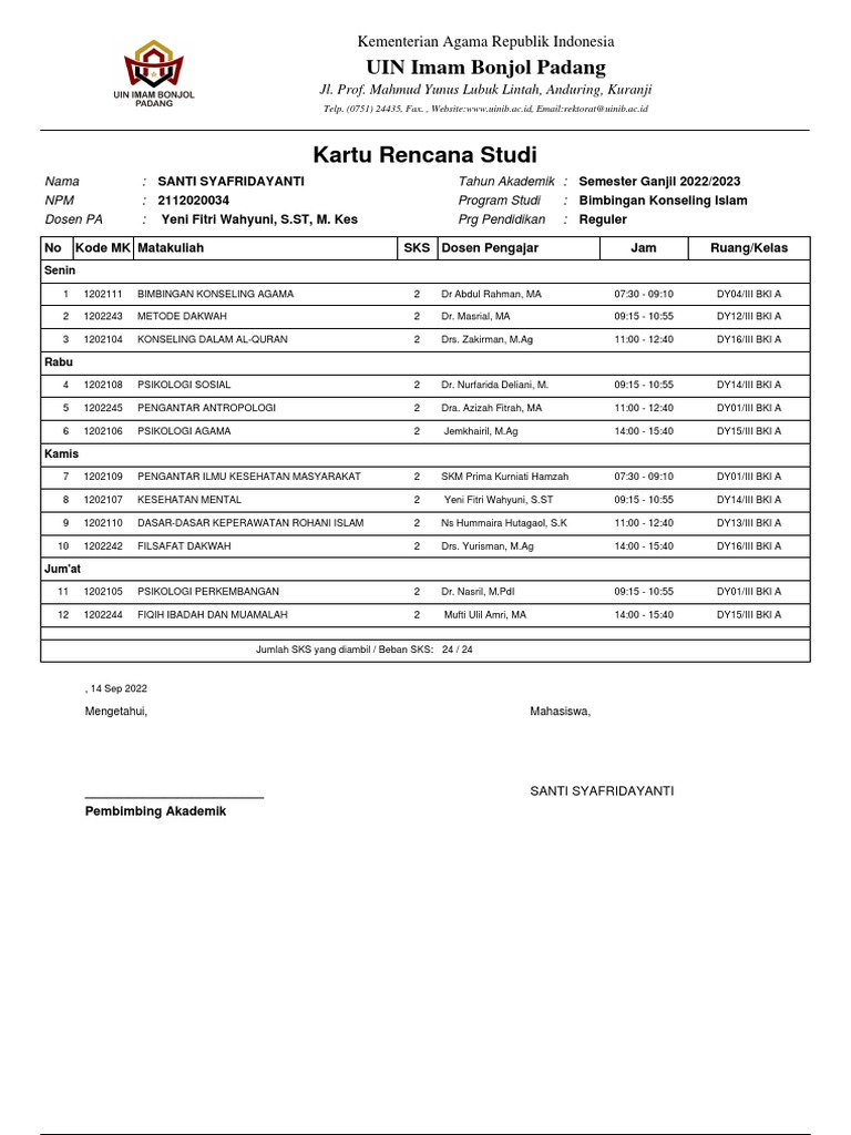 Kartu Rencana Studi: UIN Imam Bonjol Padang | PDF
