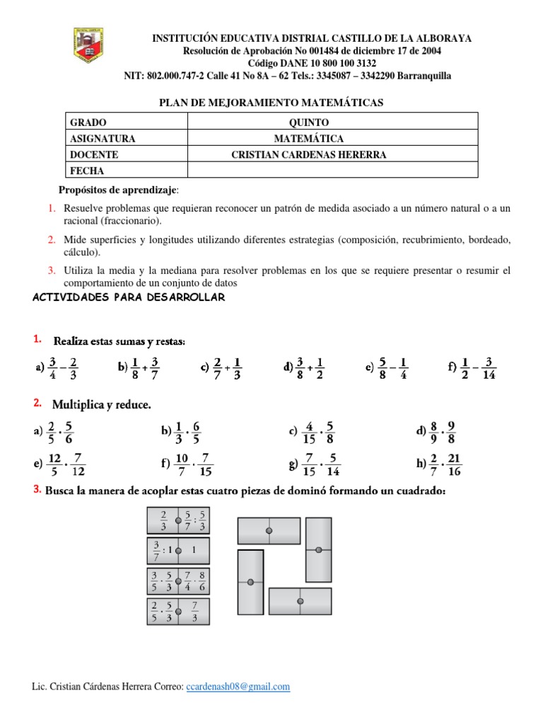 Plan De Mejoramiento Matematicas 5 Pdf