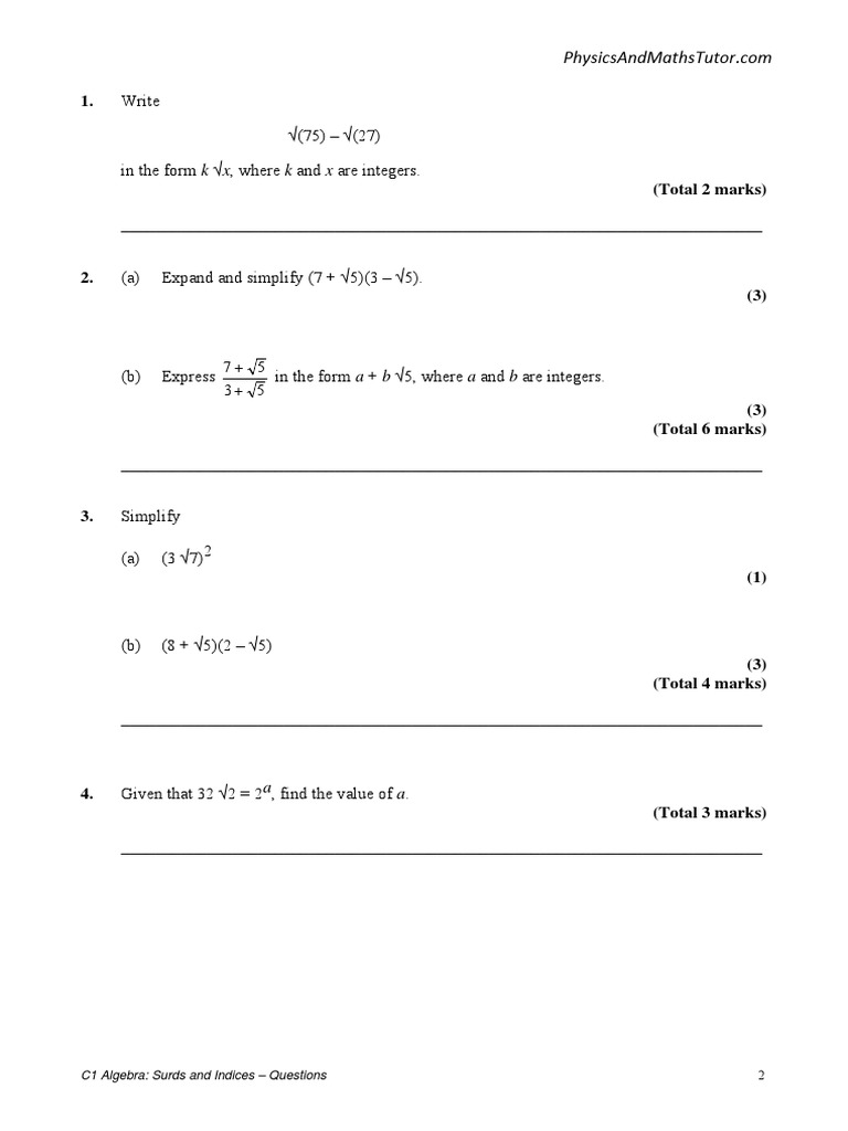 Physics and Maths Tutor: Surds and Indices Questions | PDF | Equations ...
