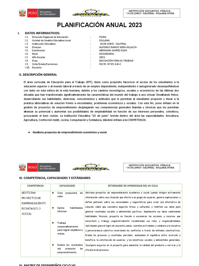 Planificación Anual 2023 Ept | PDF | Iniciativa empresarial | Enseñando