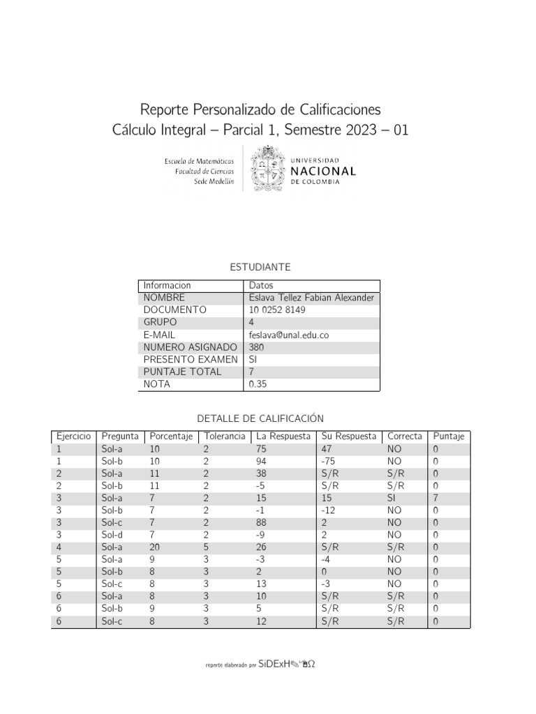Reporte Personalizado de Calificaciones C Alculo Integral - Parcial 1 ...