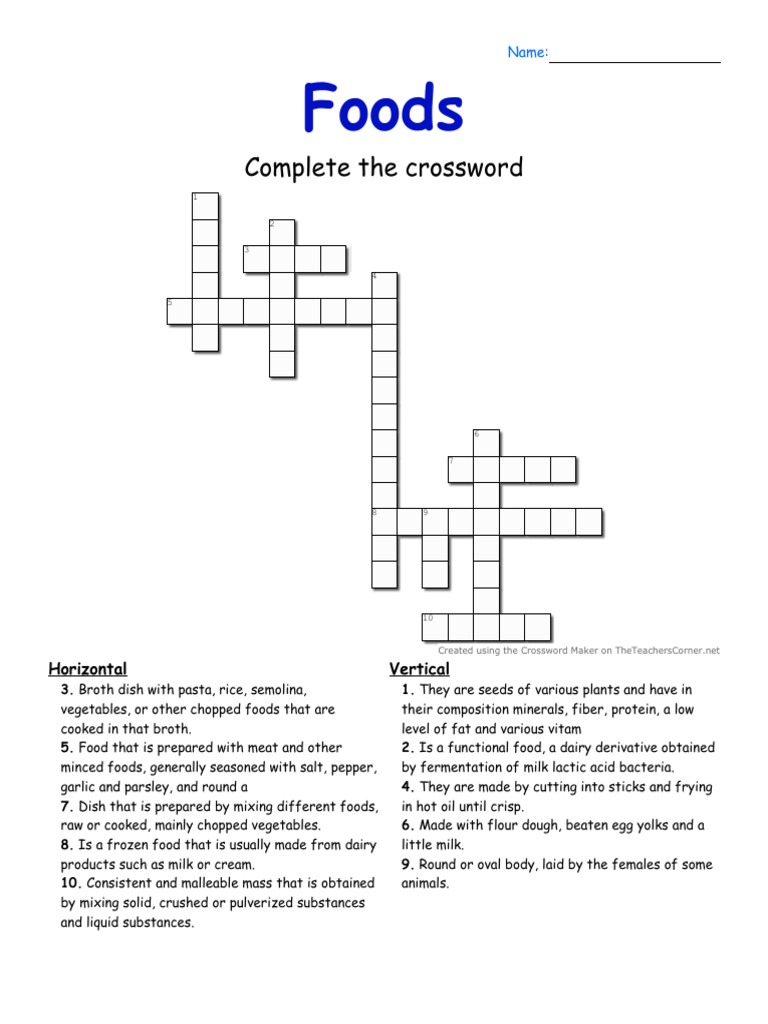 Crucigrama Sobre Comidas en Inglés. | PDF