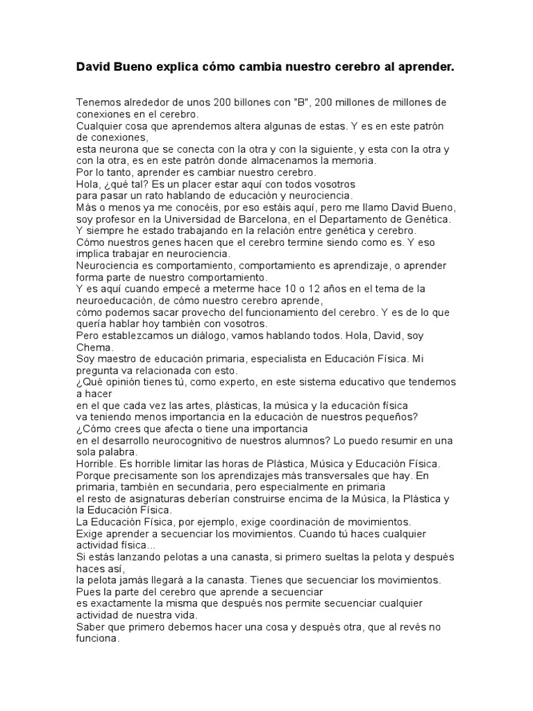 David Bueno Explica Cómo Cambia Nuestro Cerebro Al Aprender Pdf