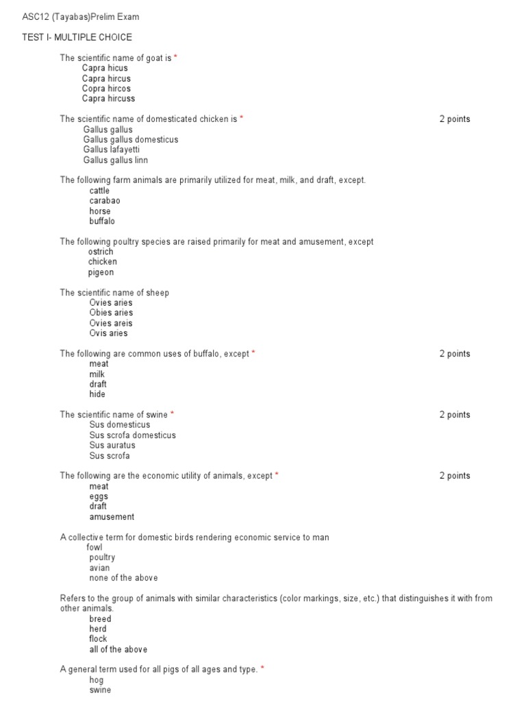 Asc 12 Prelim Exam | PDF | Sheep | Pig