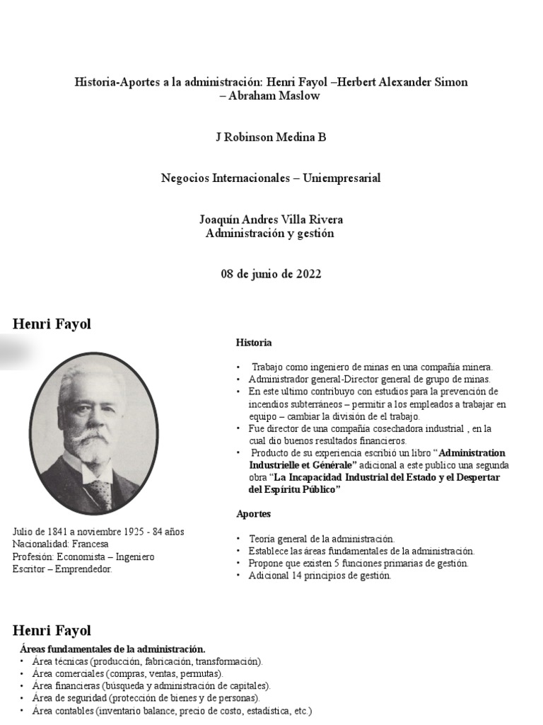 Historia-Aportes A La Administración: Henri Fayol - Herbert Alexander ...