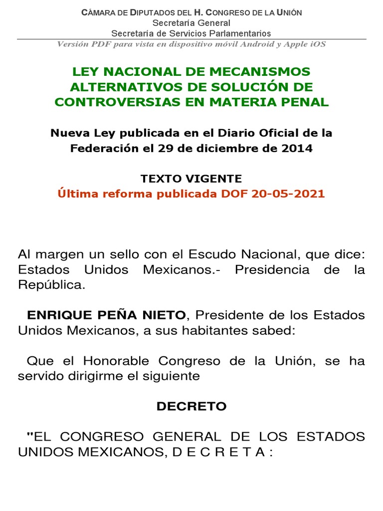 Ley Nacional De Mecanismos Alternativos De Solucion De