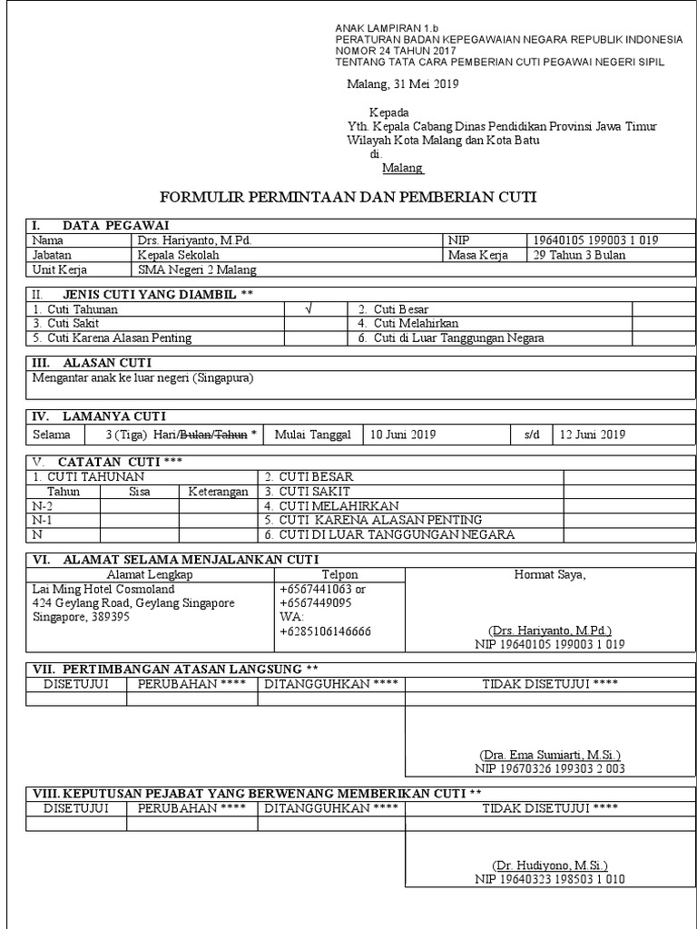 Formulir Cuti Pns Sesuai Perka BKN Nomor 24 Tahun 2017 sETdc | PDF