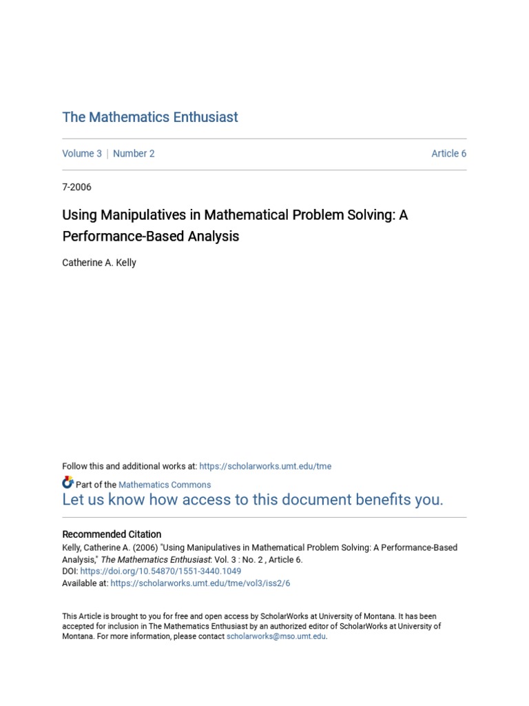 Using Manipulatives in Mathematical Problem Solving - A Performanc ...