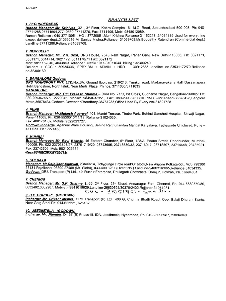 Branchlist DRS Transport | PDF