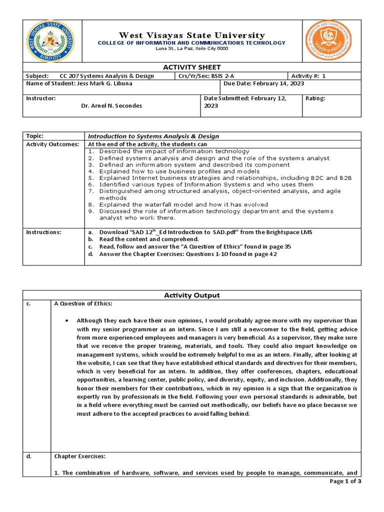 CC207 Activity Sheet No1 Intro To Systems Analysis & Design | PDF ...