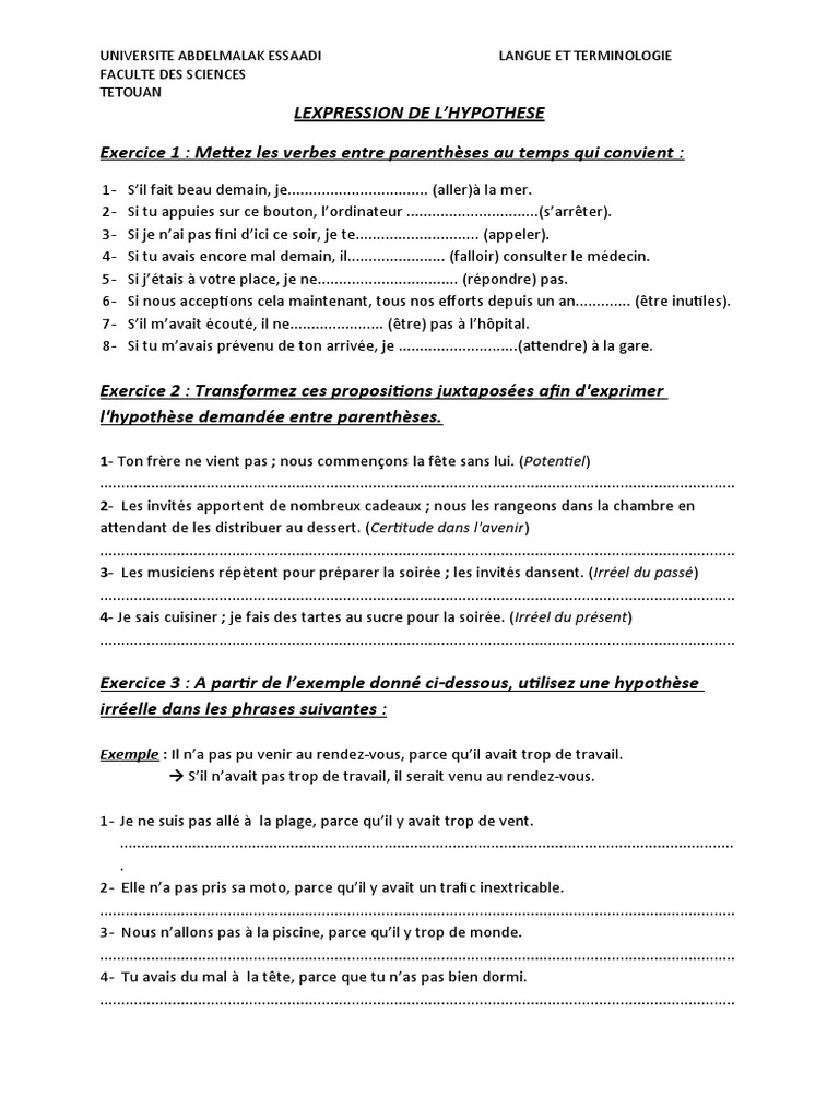 Exercices sur l'Hypothèse en Français | PDF | Linguistique | Grammaire