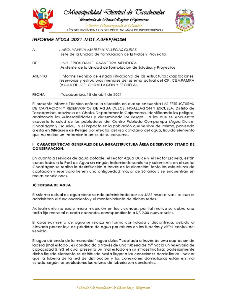 Informe Tecnico Situacional | PDF | Agua | Reservorio