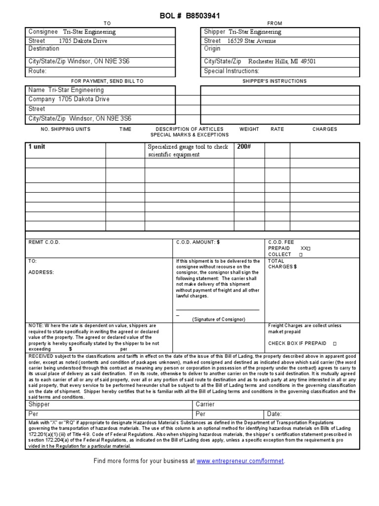 BOL # B8503941: 1 Unit 200# | PDF | Cargo | Bill Of Lading