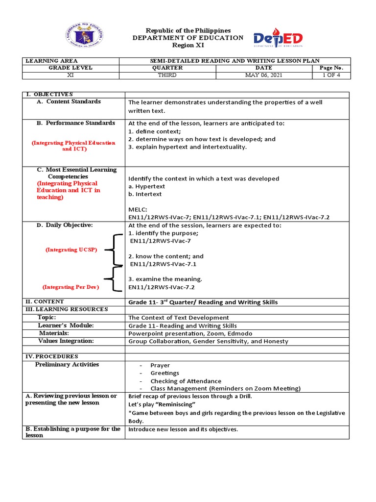 Republic of The Philippines Department of Education Region XI | PDF
